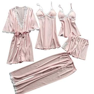 Generic Ensemble de pyjama 5 pi&egrave;ces pour femme en satin de soie kimono - V&ecirc;tements de nuit en satin 5 pi&egrave;ces - Ensembles de v&ecirc;tements de nuit pour adultes v&ecirc;t