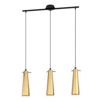 Eglo Hängelampe Pinto Gold, 3-flammige Pendelleuchte, Esszimmerlampe aus Metall in Schwarz und Glas in Transparent und Gold, E27 Fassung