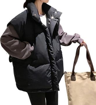 Generic Gilet bouffant surdimensionn&eacute; pour femme - Col montant - Fermeture &eacute;clair - Sans manches - Ourlet avec cordon de serrage - Pour lhiver, Noir, 3XL