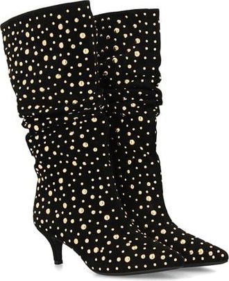 Shoes & Blues Botte pour femme en gris froissé décorée de clous métalliques brillants type strass. Froncé, talon fin, bout fin. Idéal pour la saison automne hiver.,