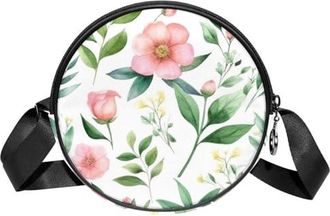 Generic Petit sac &agrave; bandouli&egrave;re circulaire pour femme, motif feuilles florales, sac &agrave; dos avec fermeture &eacute;clair, bretelles r&eacute;glables, sac &agrave; main rond d&eacute;contra