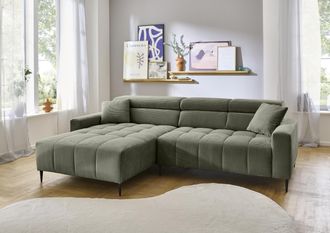 Möbelando Wohnlandschaft >Stanislaw< in grün, Ottomane Links, elektrische Sitztiefenverstellung, Metallfüße schwarz gepulvert, Nosagunterfederung, Polyätherscha