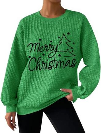 Generic Sweat-shirt de No&euml;l amusant pour femme - Pull de No&euml;l imprim&eacute; &agrave; carreaux - Col rond - Sweat-shirt blanchi pour femme, Vert, S