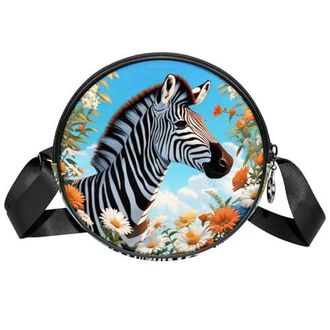 Generic Petit sac &agrave; bandouli&egrave;re rond pour femme, motif z&eacute;br&eacute; avec fermeture &eacute;clair, bretelles r&eacute;glables, sac &agrave; main rond d&eacute;contract&eacute; pour femmes et filles