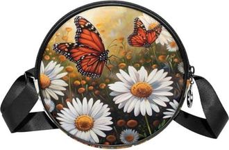 Generic Sac &agrave; bandouli&egrave;re rond pour femme, motif papillons, marguerites, petit sac &agrave; bandouli&egrave;re avec fermeture &eacute;clair, bretelles r&eacute;glables, sac &agrave; main rond d
