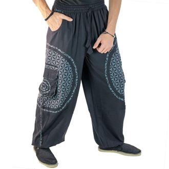 Kunst und Magie Unisex Trendige Baggyhose Bunte Muster Lebensblume Goa Hippiehose, Größe:L/XL, Farbe:Schwarz/Grau