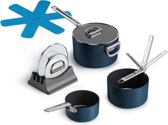 Joseph Joseph Space 3-teiliges Antihaft-Topfset mit Klappgriffen und Glasdeckeln, Pfannenst&auml;nder, 2 Filzpfannensch&uuml;tzer, induktionsgeeignet