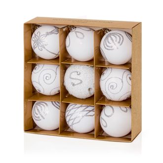 Premier Set of Nine White Christmas Tree Baubles (6cm) by Christmas Direct