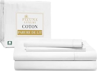 Pizuna Coton Luxueux Parure de Lit 180x200 cm Blanc, Tissu de Satin de Coton &agrave; 800 Fils au Pouce carr&eacute; Comprend 1 Drap Housse, 1 Drap Plat, 2 Taie doreiller