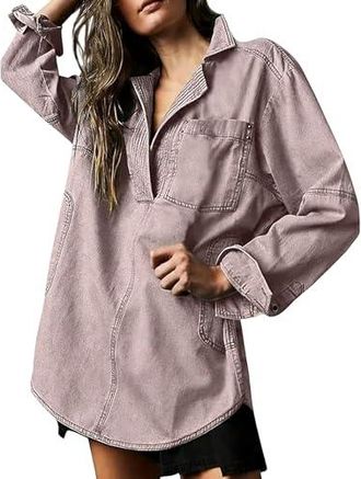 Generic Veste en jean oversize pour femme, col V, boutons, chemise en jean &agrave; manches longues, style d&eacute;contract&eacute; printanier, violet et rose, grande taille