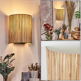 HOFSTEIN Wandleuchte Viadores, Wandlampe aus Metall/Seegras in Schwarz/Wei&szlig;/Natur, Leuchte im Boho-Design mit Lichteffekt und Schalter am Kabel, E27, Wohnzimme