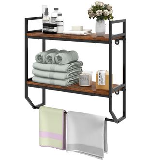 Giantex Badezimmer-Wandregal mit Stange, Handtuchhalter und Metallrahmen, 2 Ebenen, Wandregal im Industriestil für Wohnzimmer, Küche, rustikales Braun