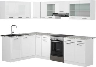 Vicco Eckküche Rick, Küchenzeile in L-Form, Weiß/Weiß Hochglanz, 267 x 167 cm, AP Marmor