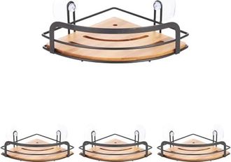 MSV Duschregal Eck Duschkorb Badezimmer ohne Bohren mit Saugn&auml;pfen Stahl Bambus 21x21x9cm Schwarz matt (Packung mit 4)