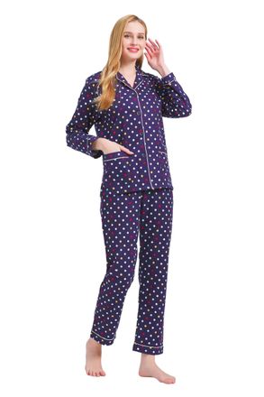 Global Schlafanz&uuml;ge Damen Flanell | Baumwolle Damen Pyjama Set | Zweiteiliger Nachtw&auml;sche Damen Pjs Set Lang | Knopfleiste vorne und Kordelzug | Blaue, Farbi
