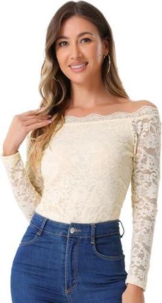 Allegra K Haut Chemisier à Manches Longues Transparent en Dentelle Florale pour Femmes de Noël Beige XL