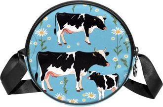 Generic Sac &agrave; bandouli&egrave;re rond pour femme, motif vache et marguerites, avec fermeture &eacute;clair, bretelles r&eacute;glables, style d&eacute;contract&eacute;, pour femmes et filles
