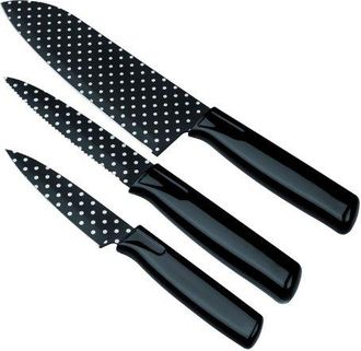 Kuhn Rikon 22467 Messer Colori Art CA Polka Dot Küchenmesserset schwarz gepunktet bestehend aus Gemüsemesser 19,5 cm / Küchenmesser gezackt 23,8 cm und Kochmesse