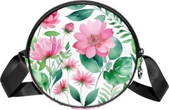 Generic Petit sac &agrave; bandouli&egrave;re circulaire pour femme, motif feuilles florales, sac &agrave; dos avec fermeture &eacute;clair, bretelles r&eacute;glables, sac &agrave; main rond d&eacute;contra