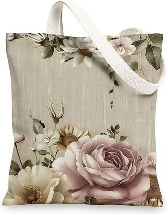 Generic Sacs fourre-tout en toile à motif floral vintage, sacs dépicerie réutilisables, chics, élégants, légers et lavables avec bandoulière, beige, 13x15 Inc