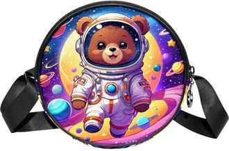 Generic Petit sac &agrave; bandouli&egrave;re rond pour femme, motif ours dans lespace, sac &agrave; dos avec fermeture &eacute;clair, bretelles r&eacute;glables, sac &agrave; main rond d&eacute;contract&eacute; po