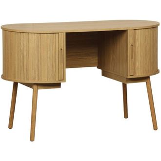 Sweeek Sweeek - Bureau ovale d&eacute;cor bois rainur&eacute; avec 2 espaces de rangement - Dimensions L 120 x P 55 x H 77 cm - Style scandinave r&eacute;tro - Panneaux