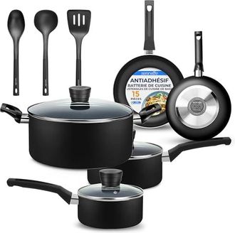SereneLife Batterie de Cuisine 15 Pi&egrave;ces - Casseroles et Po&ecirc;les Noir Int&eacute;rieur Antiadh&eacute;sif, Laque Thermor&eacute;sistante - Taille Unique