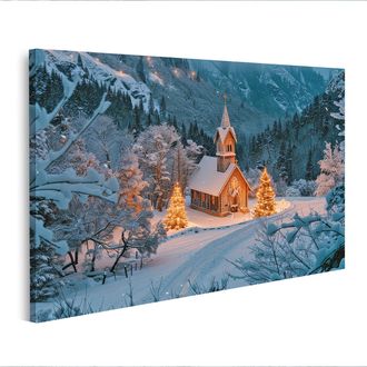 Islandburner Prime Bild auf Leinwand Winterliche Kapelle im Schnee mit festlicher Beleuchtung - Leinwand 80x40cm
