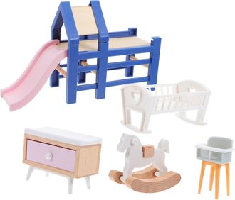 PartyKindom Puppenhaus Babyzimmer Spielset Teiliges Spielmöbel mit Rutsche Schaukelpferd Hocker Babybett Kompakt Farbenfroh Detailreich für Kreatives Rollenspiel