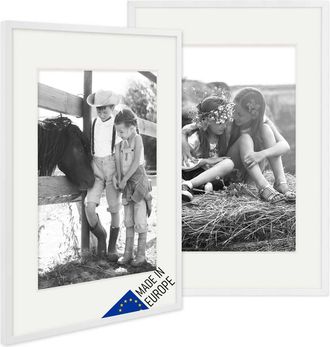 Photolini Echtholz-Bilderrahmen 40x60 cm mit Passepartout 30x45 cm, Wei&szlig;, Holzrahmen Made in EU, 2er Set, bruchsicheres Acrylglas, zum Aufh&auml;ngen, extra Zubeh&ouml;r 