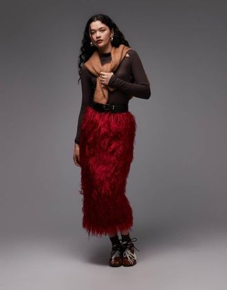 Asos Jupe crayon mi-longue avec franges en relief - Rouge