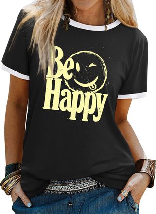Dresswel Tshirt Damen Be Happy L&auml;chelndes Gesicht Druck T-Shirt Rundhals Kurzarm T Shirts Sommer Oberteile Tee Tops Bluse