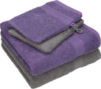 Betz 4 TLG. Handtuch Set Happy Pack 100% Baumwolle 2 Handtücher - 2 Waschhandschuhe - weich und saugstark | Farbe anthrazit grau/lila