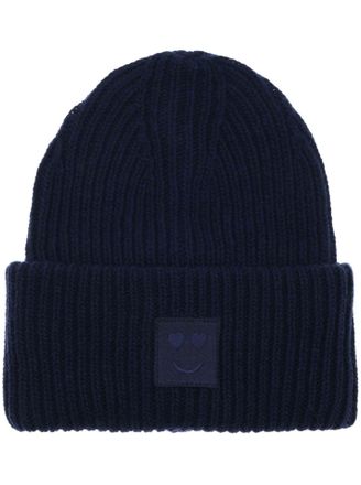 Zwillingsherz Slouch-Beanie-Mütze mit Wolle - Hochwertige Strickmütze mit Herz Smileys Patch für Damen Mädchen - Hat - Grobstrick - One Size - warm und weich für Fr