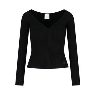 Courr&egrave;ges Geripptes Oberteil mit U-Boot-Ausschnitt und langen &Auml;rmeln - - Knitwear - Damen - Schwarzk - M