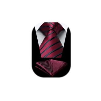 Hisdern Cravate Homme Mouchoir &Eacute;l&eacute;gant Classique Ray&eacute; Cravates Pour Hommes Et Pochettes Ensemble Mariage Fete Anniversaire (one size, Rouge/Noir)