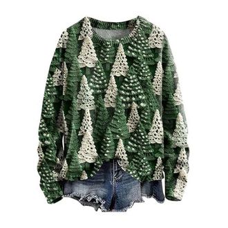 Generic Pull de No&euml;l pour femme avec motif darbre de No&euml;l imprim&eacute; col rond en tricot polychrome tendance coupe ample d&eacute;licat hauts confortables et chauds tric