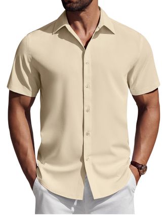 Coofandy Hemd Herren Kurzarm Sommerhemd Einfarbig Freizeithemd Kurzarmhemd Button Down Business Casual Hemd Urlaubshemd Hellbraun 3XL
