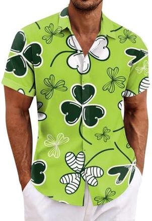 Generic Chemise de la St Patrick pour homme, t-shirt hawa&iuml;en irlandais avec tr&egrave;fle porte-bonheur, chemisier &agrave; boutons &agrave; manches courtes, haut ample d&eacute;contract