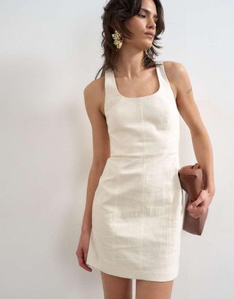 Topshop Schweres Baumwoll-Twill-Minikleid in Wollwei&szlig; mit U-Ausschnitt und Ziern&auml;hten