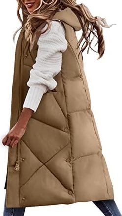 Generic Vestes dhiver sans manches pour femmes, veste longue &agrave; capuche chaude avec poches, veste dext&eacute;rieur matelass&eacute;e 2026, kaki, XXL