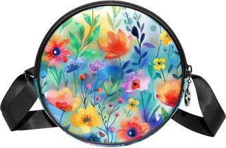 Generic Sac &agrave; bandouli&egrave;re rond pour femme, motif floral color&eacute;, petit sac &agrave; dos &agrave; bandouli&egrave;re avec fermeture &eacute;clair, bretelles r&eacute;glables, sac &agrave; main rond d&eacute;co