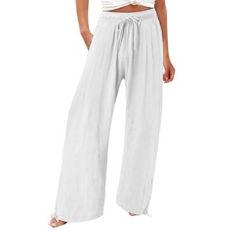 Generic Pantalon en coton et lin pour femme - Jambe large - Pantalon de plage d&eacute;t&eacute; confortable - Pantalon de yoga Palazzo - XIYU26078, blanc, XXL
