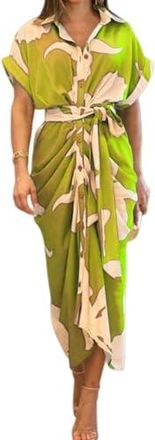 Generic Robe longue d&eacute;t&eacute; boh&egrave;me &agrave; motif floral pour femme, boutonn&eacute;e, manches chauve-souris, ceinture fronc&eacute;e, robe de plage et de vacances, jaune, 3XL