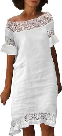 Generic Robe d&eacute;t&eacute; courte en dentelle pour femme - Robe midi blanche &agrave; manches courtes - Couleur pure - Dentelle - &Eacute;t&eacute; - Printemps - &Eacute;paules d&eacute;nud&eacute;es - Moderne