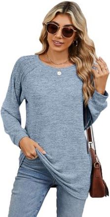 Nutria Pull à manches longues pour femme - Pull rond en tricot - Confortable - Pour lhiver et lautomne - D12, bleu clair, XL