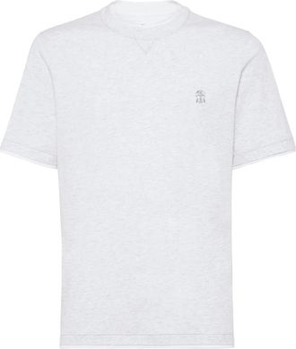 Brunello Cucinelli Homme, Tops, Blanc, Taille: L T-shirt col rond brod&eacute;