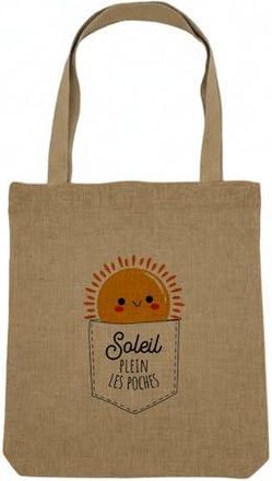 Fabulous Sac Shopping Tote Bag Aspect Lin - Soleil plein les Poches Illustration Dessin Soleil Mignon - Sac de Courses Toile Epaisse 360g Beige Naturel Cabas P