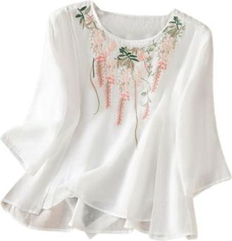 Generic Chemisier brod&eacute; en gaze boh&egrave;me pour femme - Style boh&egrave;me - Coupe ample - Tunique florale d&eacute;t&eacute; indienne &agrave; volants sur le devant - Chemise d&eacute;t&eacute; pour per