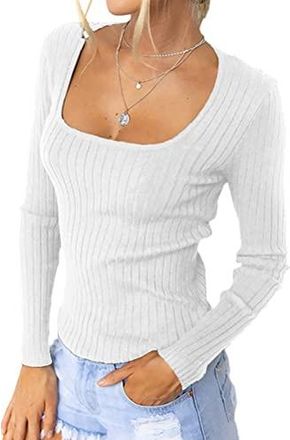 TOMWELL Femmes Haut Sexy Tunique Col Carré à Manches Longues Décontracté en Tricot T-Shirt pour Femmes Hiver Chaud Ample Décontracté Chemisier Pullover Jumper